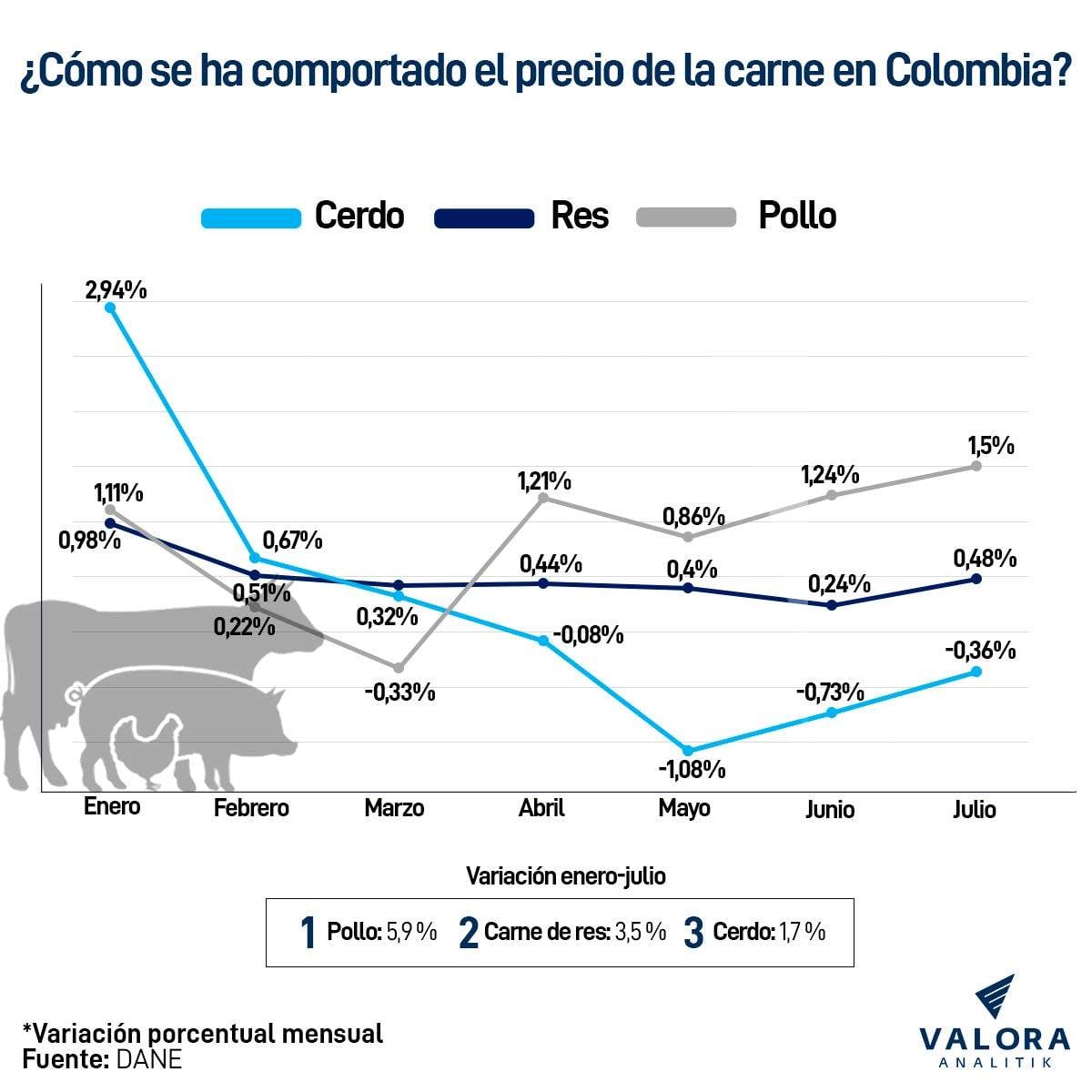 Precios de carne de res, cerdo y pollo en 2023 Colombia