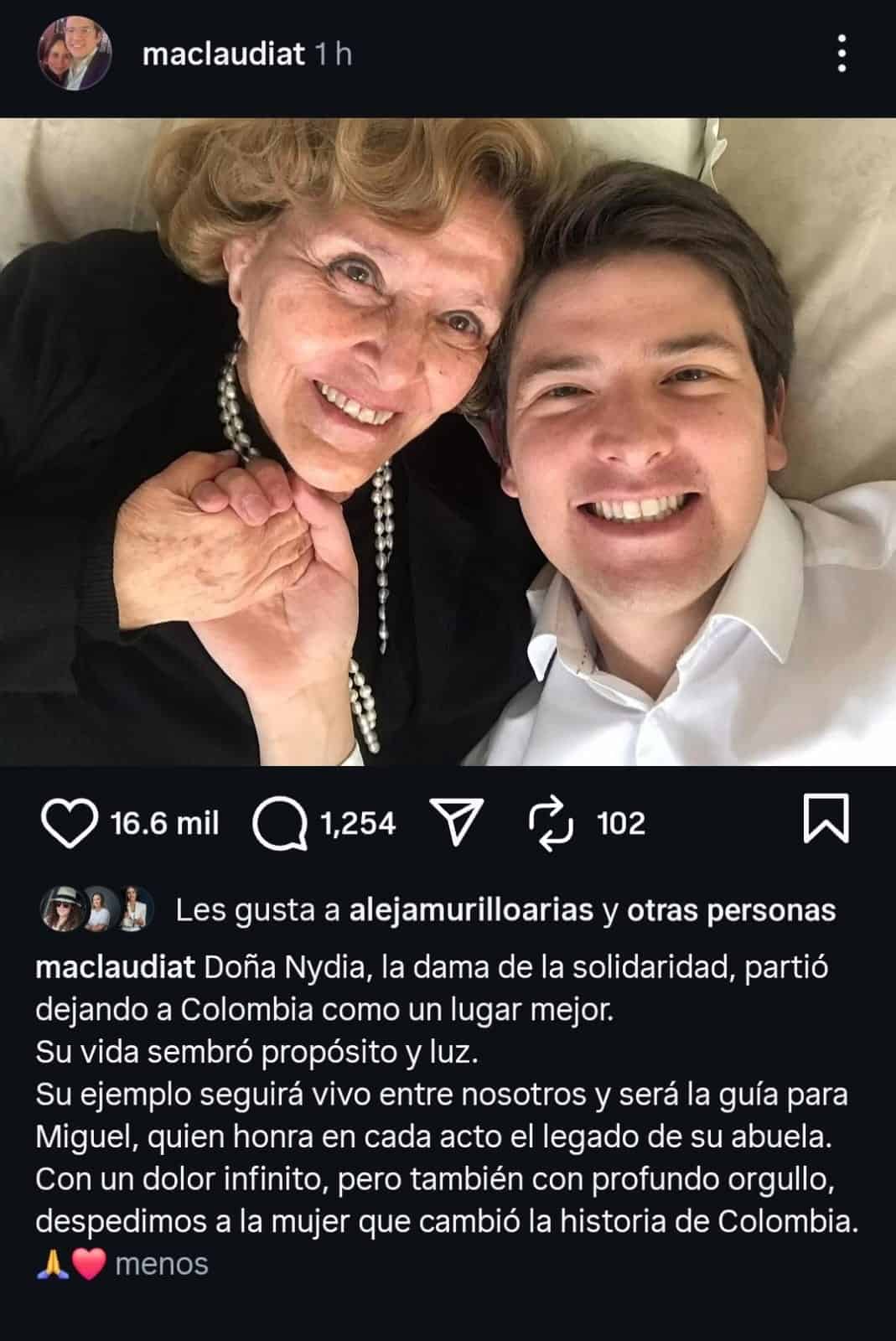 Fallece Nydia Quintero Turbay, abuela de Miguel Uribe